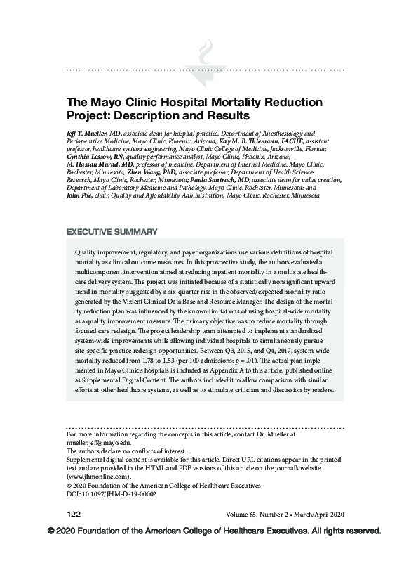 (PDF) The Mayo Clinic Hospital Mortality Reduction Project