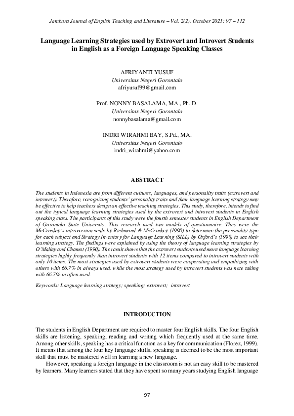 (PDF) Language Learning Strategies Used by Extrovert and Introvert ...