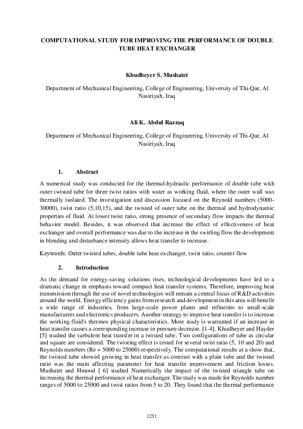 (PDF) COMPUTATIONAL STUDY FOR IMPROVING THE PERFORMANCE OF DOUBLE TUBE HEAT EXCHANGER