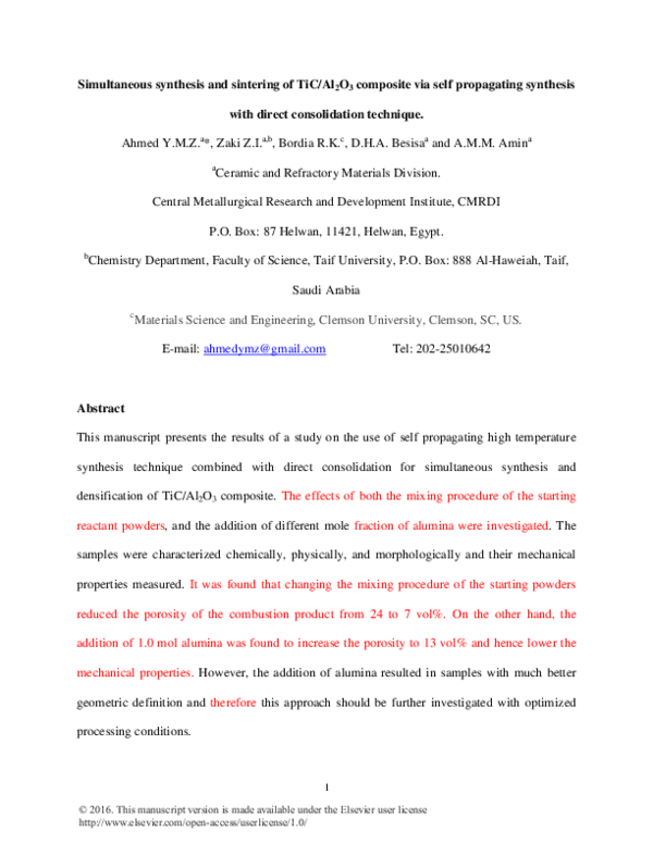 (PDF) Simultaneous synthesis and sintering of TiC/Al2O3 composite via self propagating synthesis ...