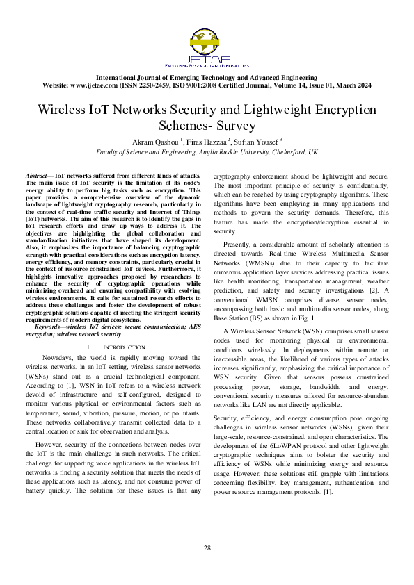 (PDF) Wireless IoT Networks Security and Lightweight Encryption Schemes- Survey