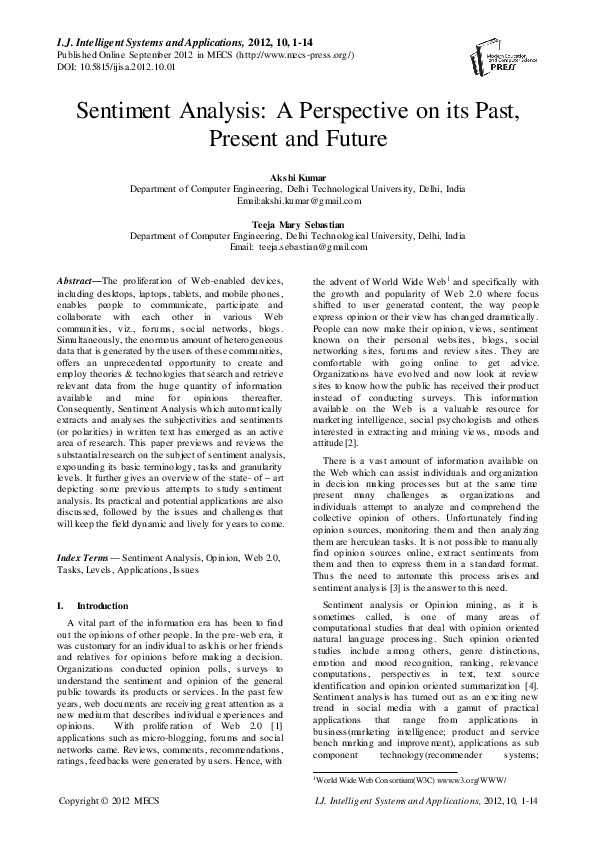 (PDF) Sentiment Analysis: A Perspective on its Past, Present and Future