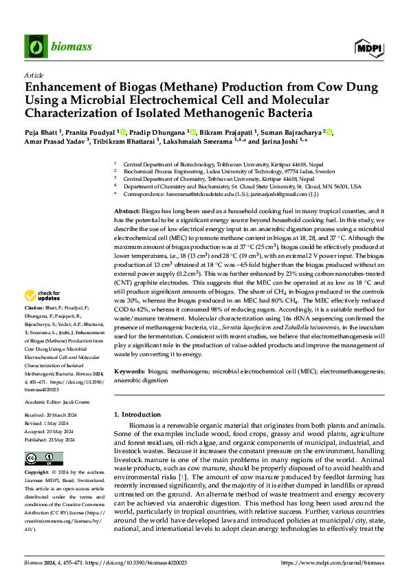 (PDF) Enhancement of Biogas (Methane) Production from Cow Dung Using a Microbial Electrochemical ...