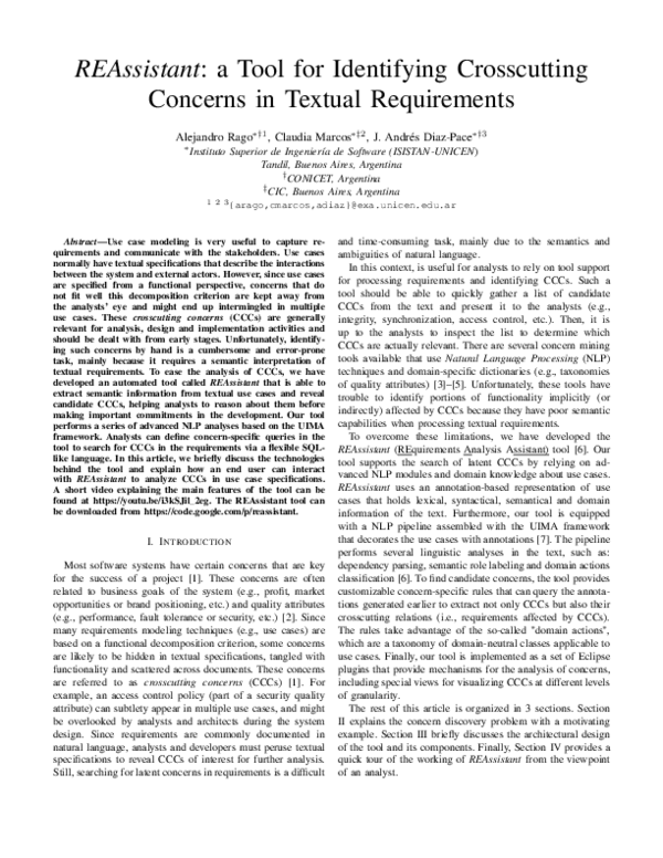 (PDF) REAssistant: a Tool for Identifying Crosscutting Concerns in Textual Requirements