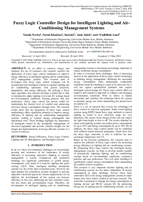 (PDF) Fuzzy Logic Controller Design for Intelligent Lighting and Air-Conditioning Management Systems