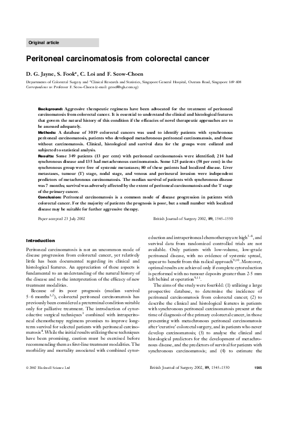 (PDF) Peritoneal carcinomatosis from colorectal cancer in the pediatric ...