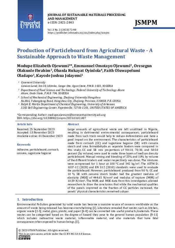 (PDF) Production of Particleboard from Agricultural Waste - A ...