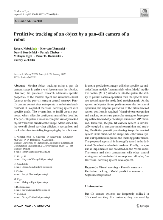 (PDF) Predictive tracking of an object by a pan–tilt camera of a robot | Maksym Figat - Academia.edu