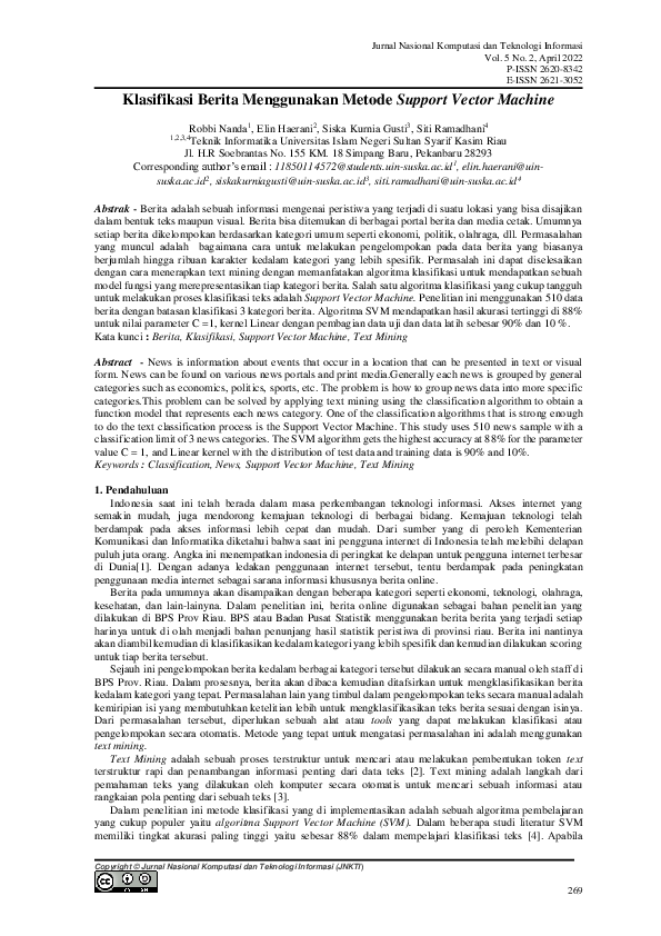 (PDF) Klasifikasi Berita Menggunakan Metode Support Vector Machine