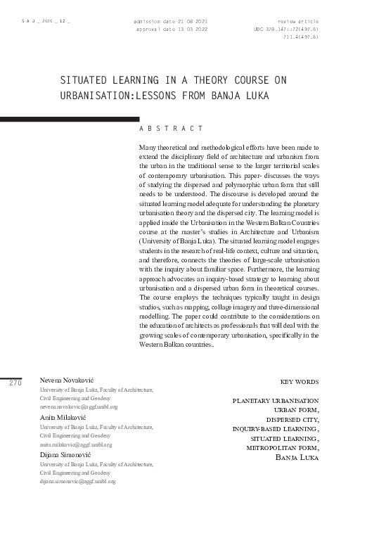 (PDF) Situated learning in a theory course on urbanisation: Lessons from Banja Luka | Dijana ...