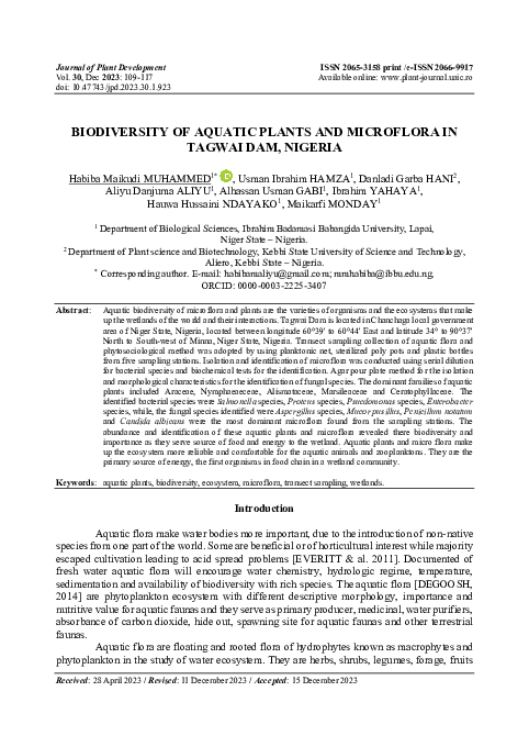(PDF) Biodiversity of Aquatic Plants and Microflora in Tagwai Dam, Nigeria