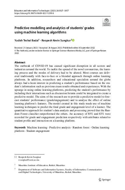 (PDF) Predictive modelling and analytics of students’ grades using machine learning algorithms