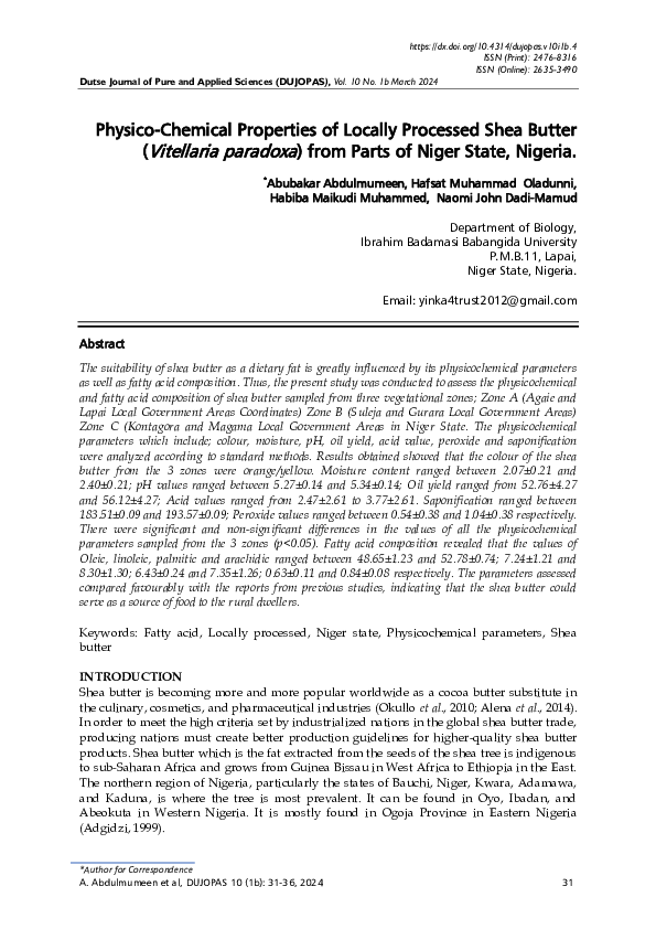 (PDF) Physico-Chemical Properties of Locally Processed Shea Butter ( Vitellaria paradoxa ) from ...