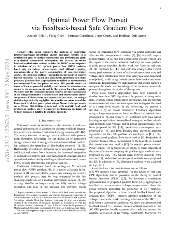 (PDF) Optimal Power Flow Pursuit via Feedback-based Safe Gradient Flow