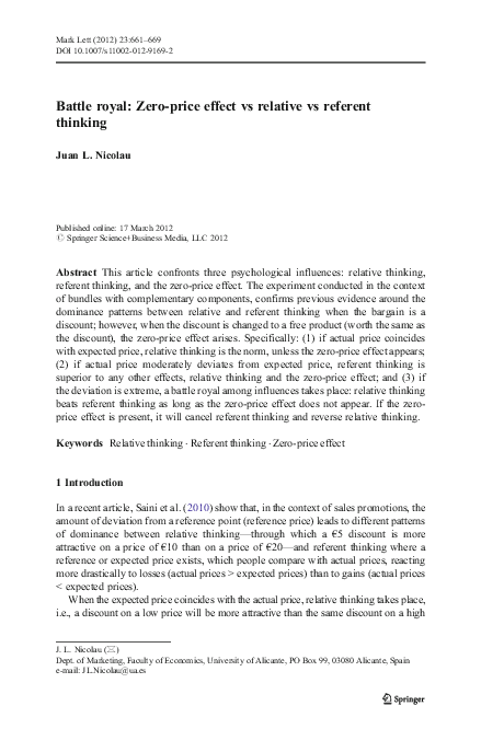(PDF) Battle royal: Zero-price effect vs relative vs referent thinking