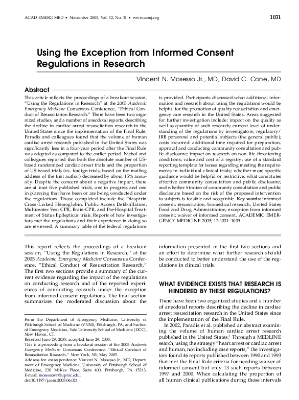 (PDF) Using the Exception from Informed Consent Regulations in Research