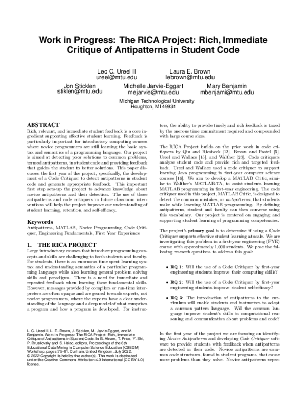(PDF) Work in Progress: The RICA Project: Rich, Immediate Critique of ...
