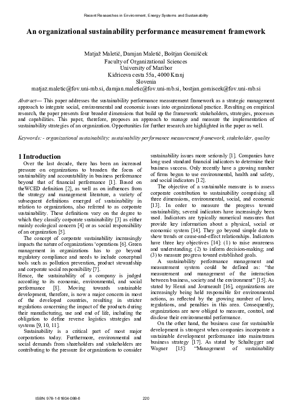 (PDF) An organizational sustainability performance measurement framework