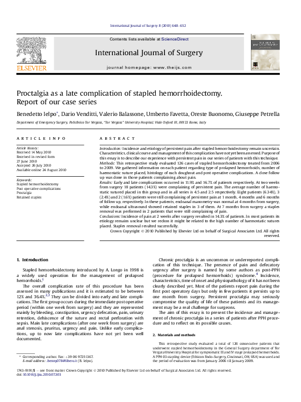 (PDF) Proctalgia as a late complication of stapled hemorrhoidectomy ...