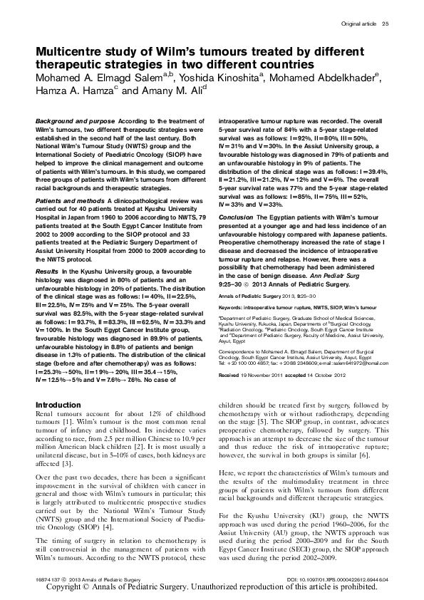 (PDF) Multicentre study of Wilm’s tumours treated by different ...