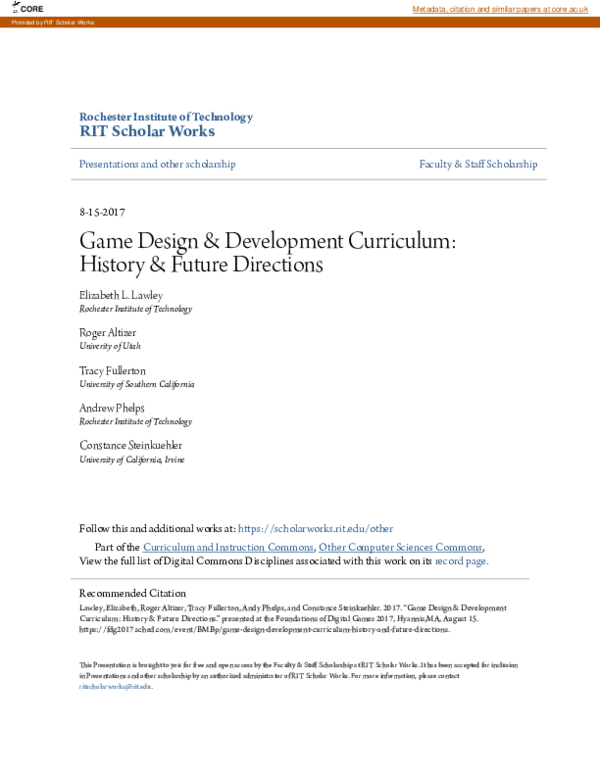 (PDF) Game Design & Development Curriculum: History & Future Directions