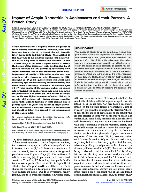 (PDF) Impact of Atopic Dermatitis in Adolescents and their Parents: A ...
