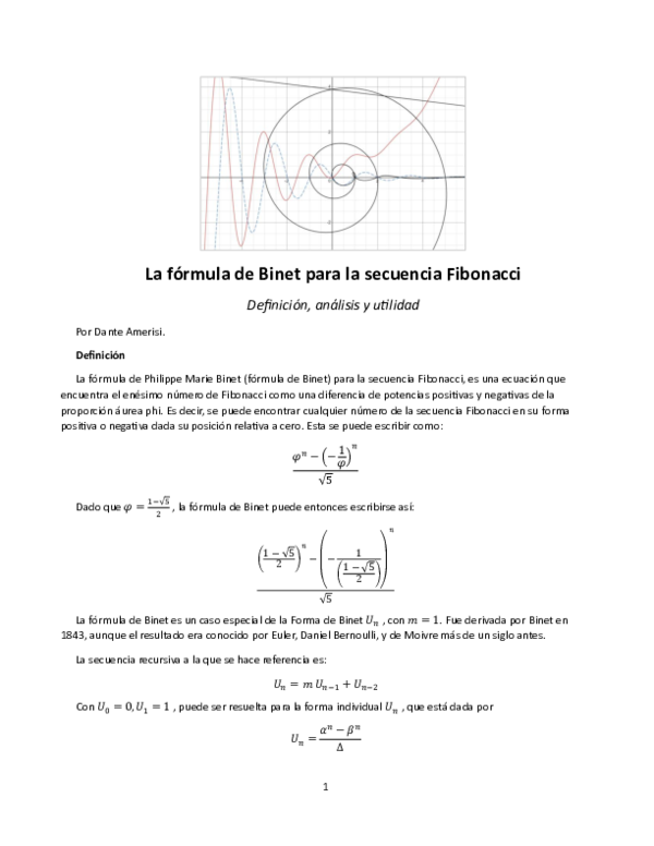 (PDF) La fórmula de Binet para la secuencia Fibonacci. Por Dante Amerisi.
