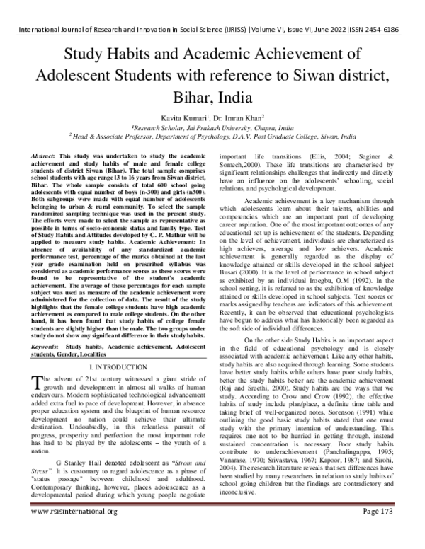 (PDF) Study Habits and Academic Achievement of Adolescent Students with ...