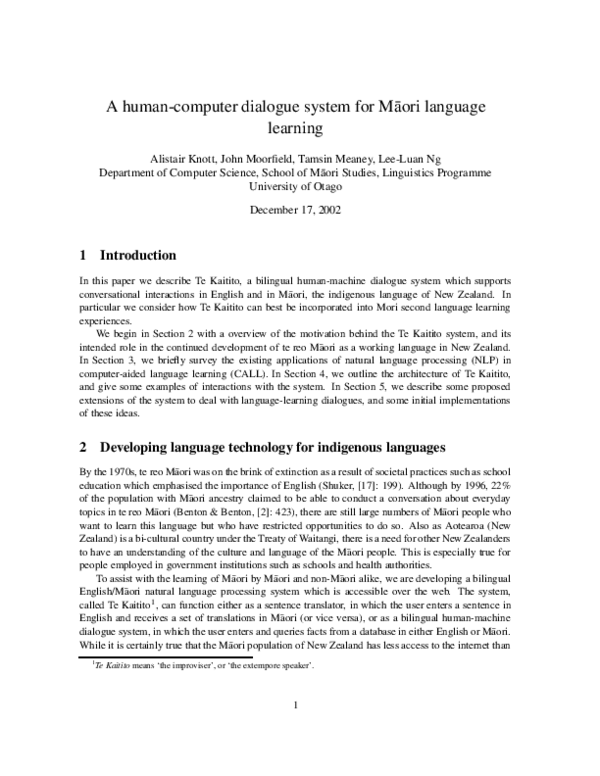 (PDF) A human-computer dialogue system for Maori language learning