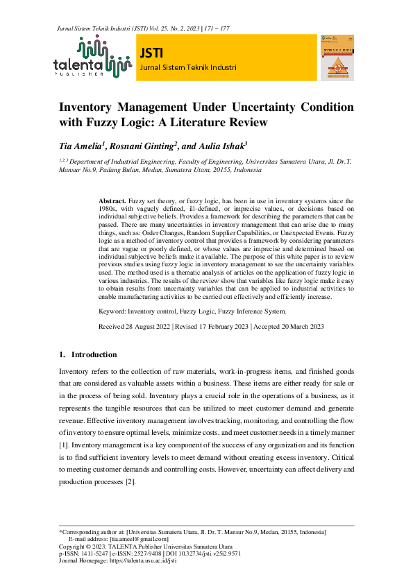 (PDF) Inventory Management Under Uncertainty Condition with Fuzzy Logic: A Literature Review
