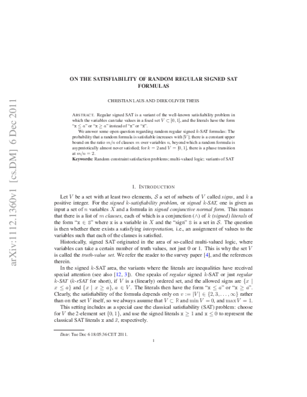 (PDF) On the satisfiability of random regular signed SAT formulas