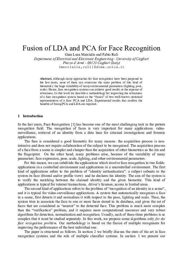 (PDF) Fusion of LDA and PCA for Face Recognition