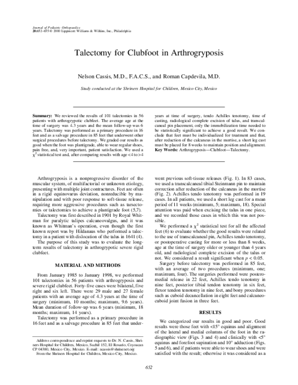 (PDF) Talectomy for Clubfoot in Arthrogryposis