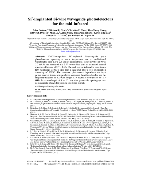 (PDF) Si⁺-implanted Si-wire waveguide photodetectors for the mid-infrared