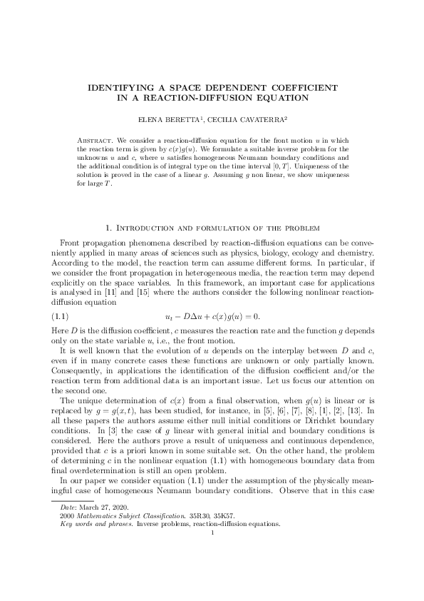 (PDF) Identifying a space dependent coefficient in a reaction-diffusion equation