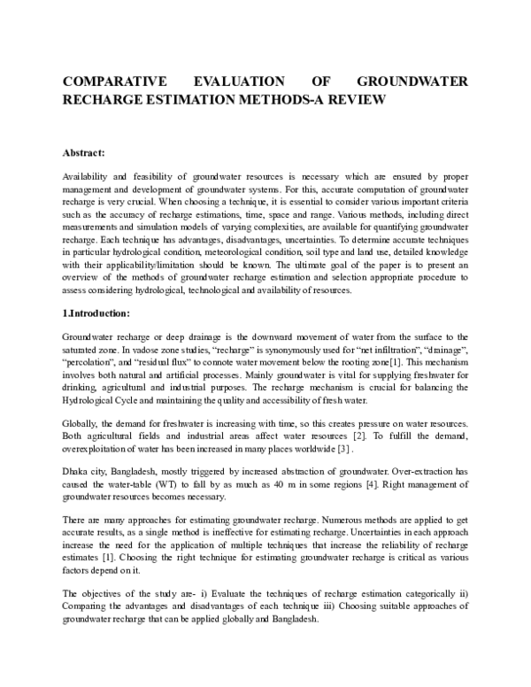 Pdf Comparative Evaluation Of Groundwater Recharge Estimation Methods A Review