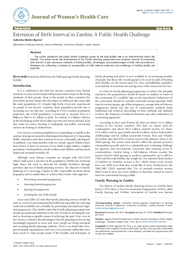 (PDF) Extension of Birth Interval in Zambia: A Public Health Challenge