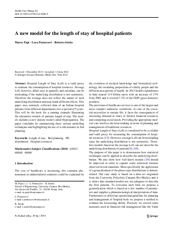 (PDF) A new model for the length of stay of hospital patients