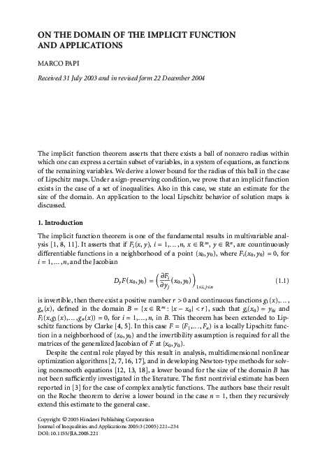 (PDF) On the domain of the implicit function and applications