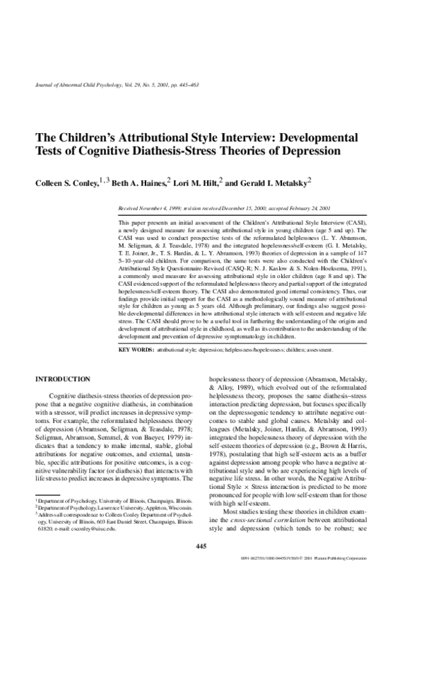 (PDF) The Children's Attributional Style Interview: Developmental Tests ...