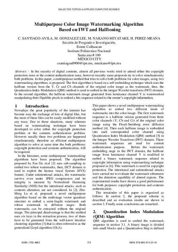 (PDF) Multipurpose Color Image Watermarking Algorithm Based on IWT and Halftoning