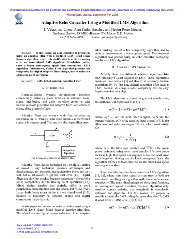 Pdf Adaptive Echo Canceller Using A Modified Lms Algorithm