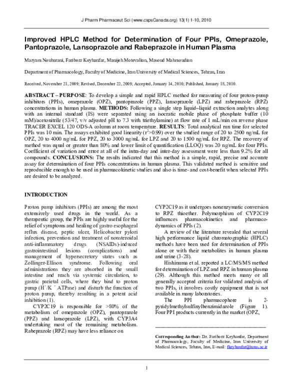 (PDF) Improved HPLC Method for Determination of Four PPIs, Omeprazole, Pantoprazole ...