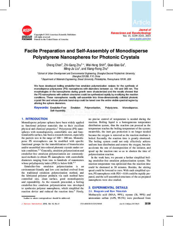 (PDF) Facile Preparation and Self-Assembly of Monodisperse Polystyrene Nanospheres for Photonic ...