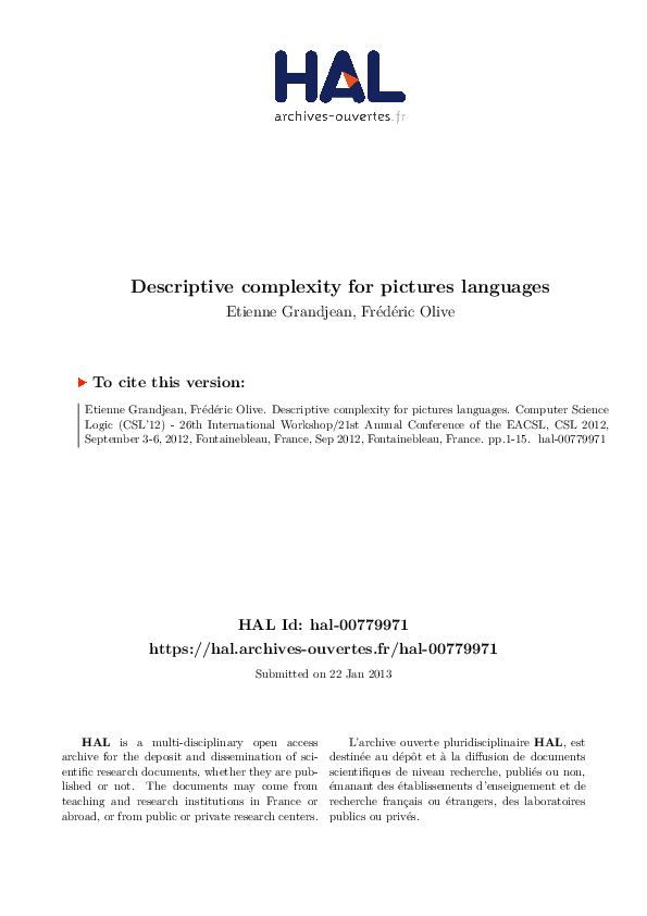 (PDF) Descriptive complexity for pictures languages