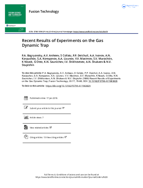 (PDF) Recent Results of Experiments on the Gas Dynamic Trap