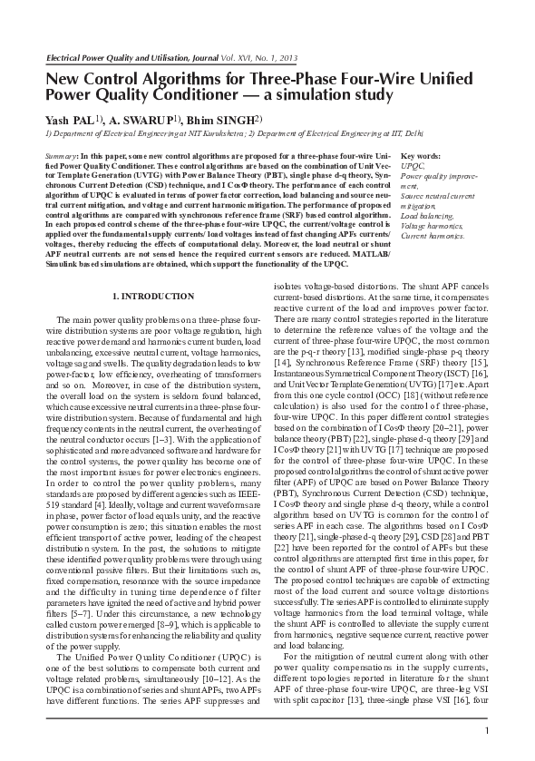 (PDF) New Control Algorithms for Three-Phase Four-Wire Unified Power Quality Conditioner — a ...