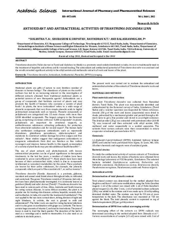 (PDF) ANTIOXIDANT AND ANTIBACTERIAL ACTIVITIES OFTRIANTHEMA DECANDRA ...