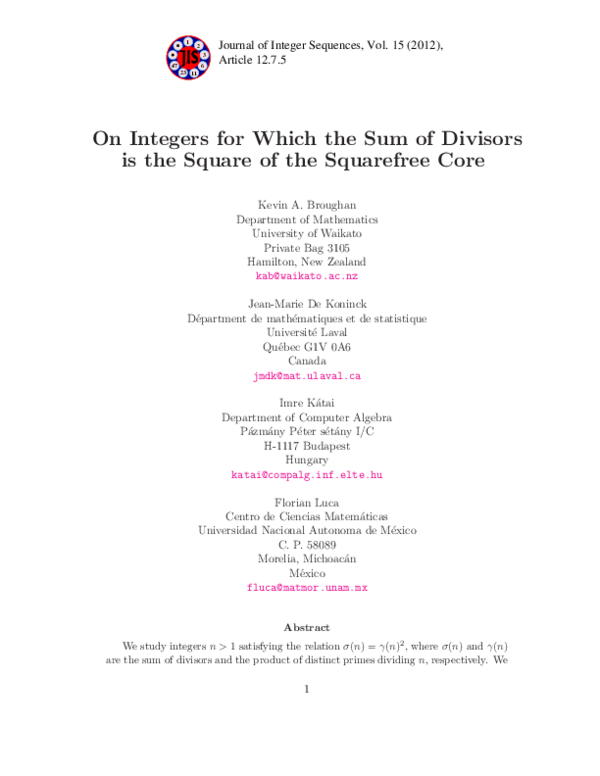 (PDF) On integers for which the sum of divisors is the square of the squarefree core