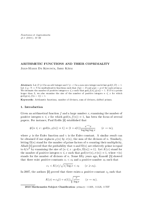 (PDF) Arithmetic functions and their coprimality